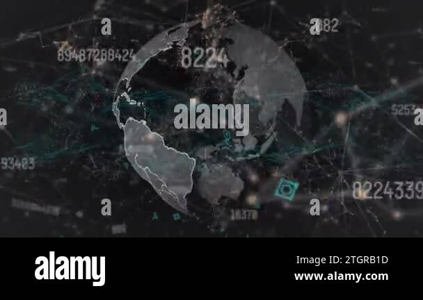 Animation of globe, connections and numbers on black background. Global network, connections ...