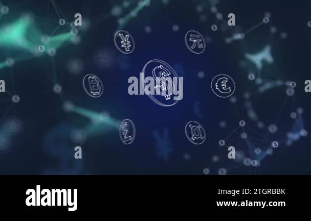 Transparent dollar sign in the center. Rotating symbols of the worlds ...