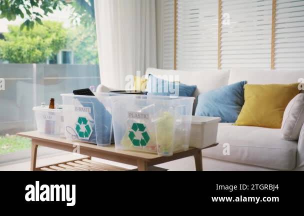 Plastic paper glass can e-waste bag water bottle in reuse bin recycle ...