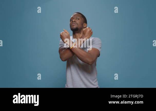 Displeased person showing disapproval and stop sign with arms, doing ...