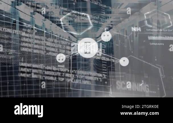 Animation of connected icons, graphs, computer language and medical interface over server room ...