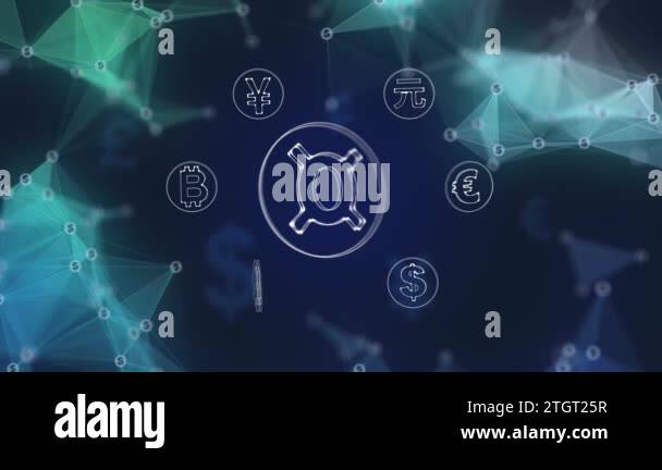 Rotating symbols of the worlds popular money on an abstract blue ...