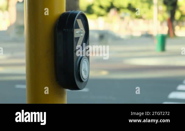 Crosswalk pedestrian signal button and sign to switch traffic. Traffic ...