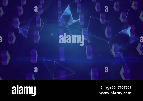 Animation of 3d objects, network of connections and globe rotating in navy space. global ...