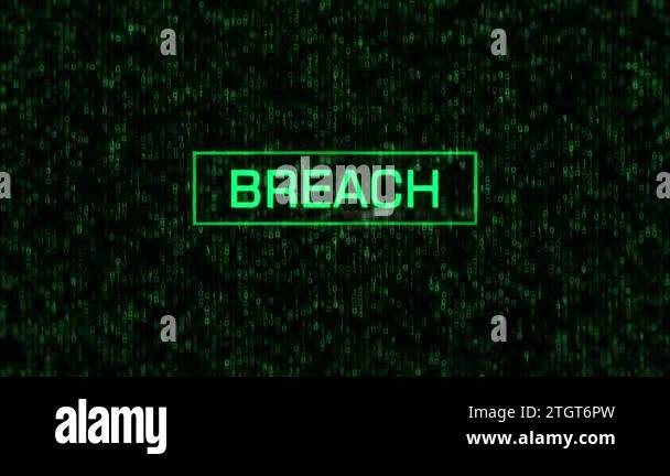 Breach Error Over Computer Binary Background Breach Warning With Binary Code And Matrix
