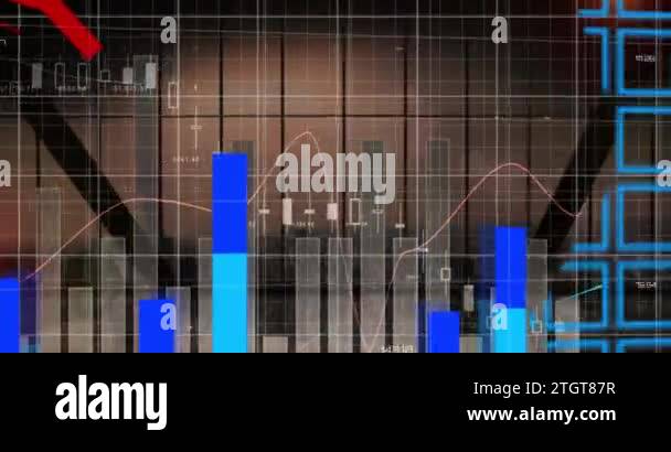 Animation of statistics and financial data processing with red lines over grid. Global business ...