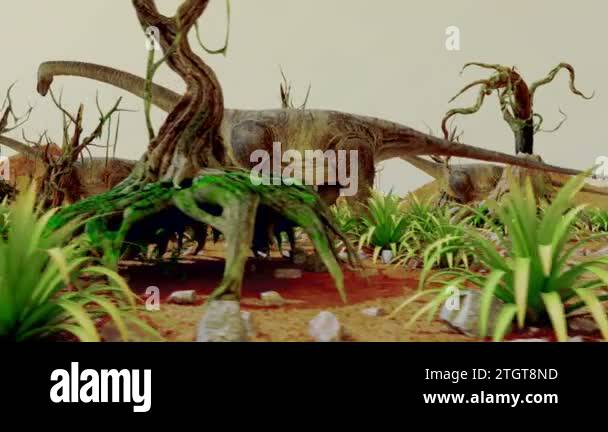 Dinosaur. Prehistoric Jungle, landscape, valley with Dinosaurs. realistic animation and motion ...