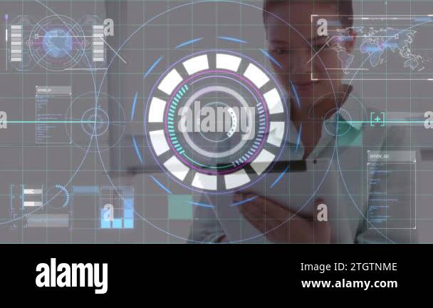 Animation of data processing and scope scanning over asian female ...