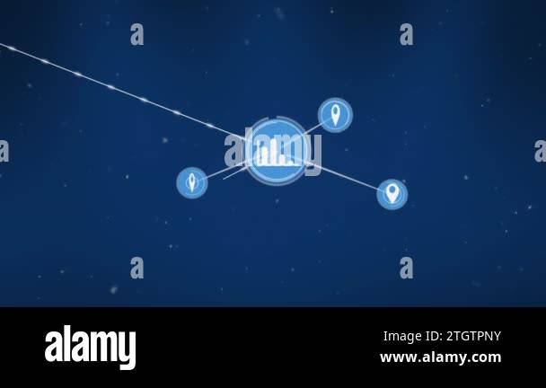 Animation of gps and graph icons connecting with lines and digital snow ...