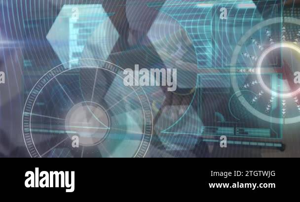 Animation of data processing on digital screen and hand of biracial woman putting on gloves ...