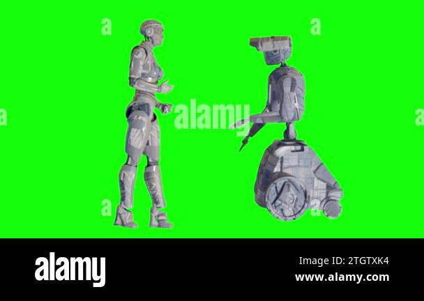 two talking cyborg robots concept of the technical progress and robotics machine learning render ...