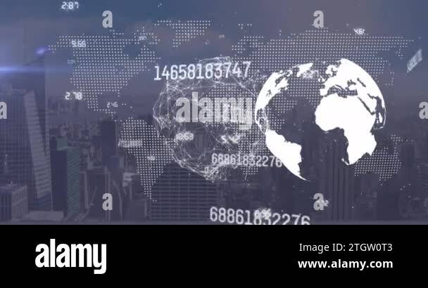 Animation of globe, map, changing numbers and connected dots over ...