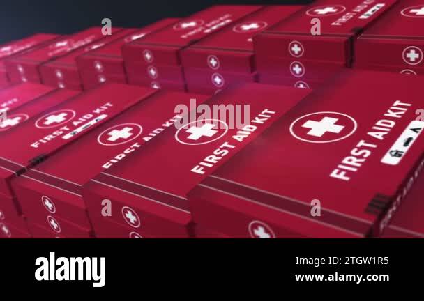 First Aid Kit and emergency box production line. Medical emergency ...