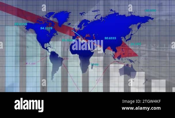 Animation of financial graphs, world map and arrow over grey checked ...