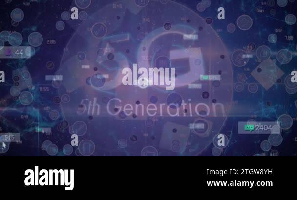 Animation of 5g, tech icons and social media reactions on navy background. Social media, network ...
