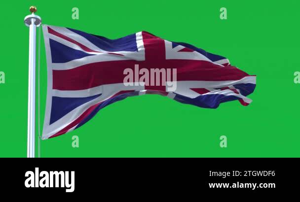 United Kingdom flag waving isolated on a green background. Union Jack ...
