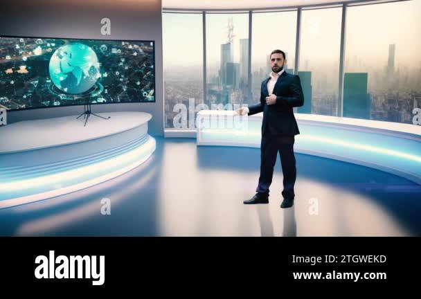 In this video, we see a news anchor in a modern TV studio. The studio ...