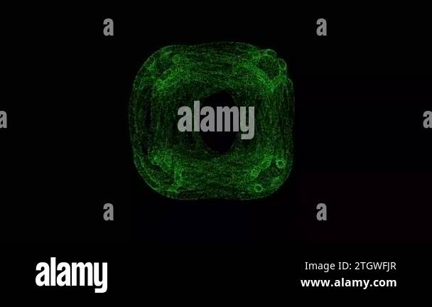 3d Abstract Alien Cube Rotates On Black Background Object Consisting Of Green Flickering