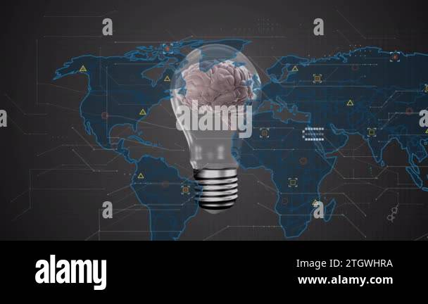 Animation of world map over brain in bulb on grey background. Human ...