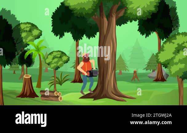 Lumberjack cutting big tree 4K animation. Muscular wood cutter with a ...