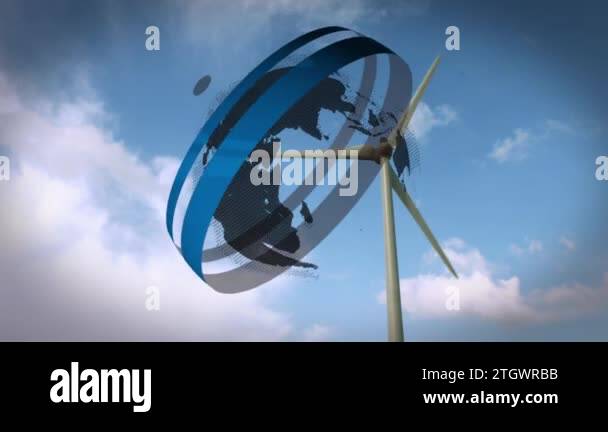 Animation of globe and scopes scanning over wind turbine. global green ...
