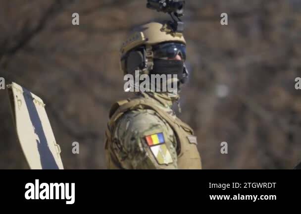 The Slow motion armored military vehicles parade soldiers on top ...