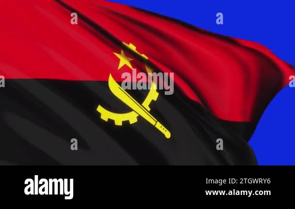 Loop of Angola flag waving in wind on blue screen texture background ...