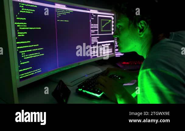 An Evil Hacker Typing Green Code In Darkness On Multiple Screens A