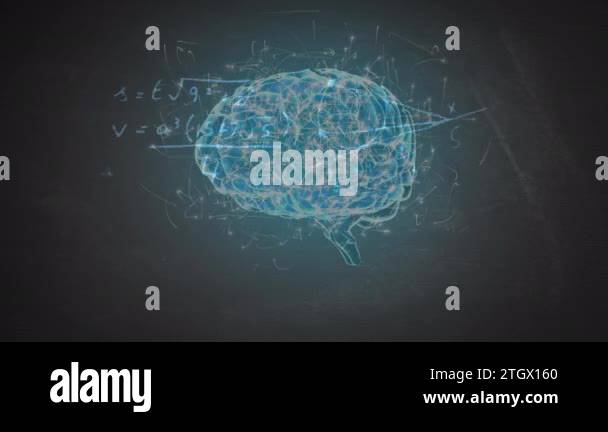 Animation of rotating brain and math formulas on navy background. science, human biology, math ...