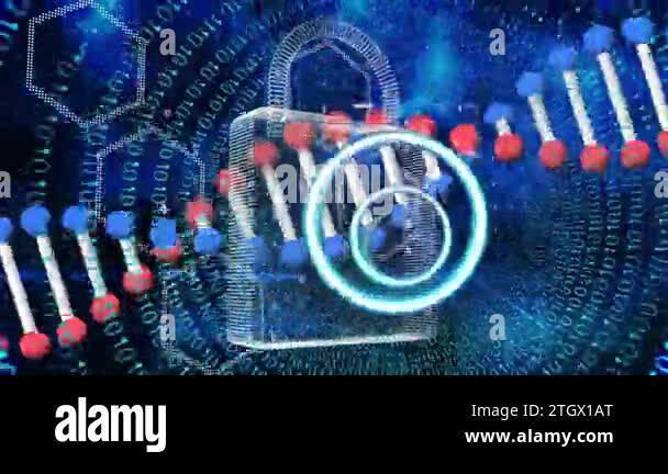 Animation of dna and pulsating circles over digital padlock over binary code in navy space ...