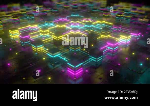 Sci-Fi Futuristic Neon Glowing Block Servers Transfer Data Signals - 4K ...