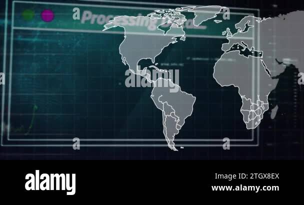 Animation of map moving over digital screen with progressing data and ...