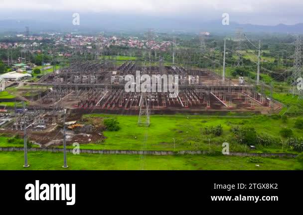 Electrical distribution substation. Distributing high voltage power ...