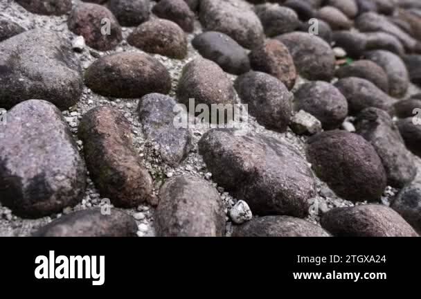 Boundless pebble garden path with large dark worn off stones on ground in local park at sunlight ...