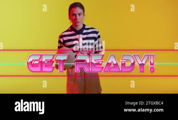 Animation of get ready text over female rugby player on neon background ...