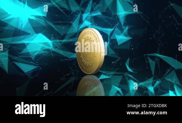 Animation of nft text on golden coin and network of connections over dark background. Global ...