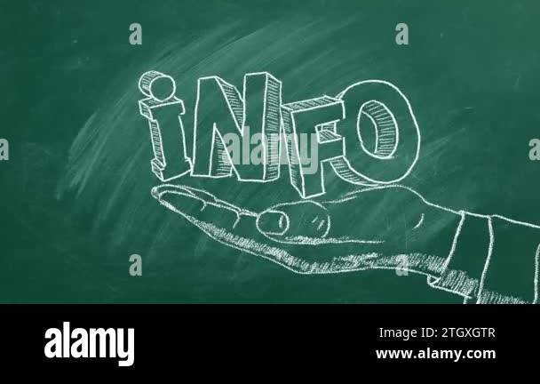 Human hand and 3D text INFO drawn in chalk on a greenboard. First-hand ...