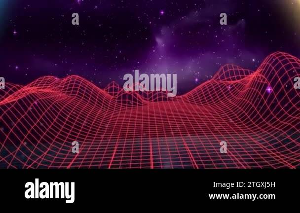 Animation of neon triangle, metaverse landscape and social media icons ...