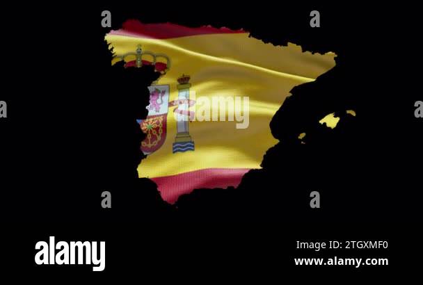 Spain map shape with waving flag background. Alpha channel outline of ...