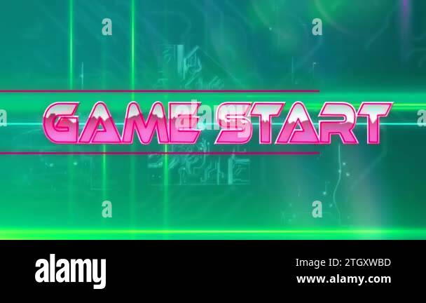Game start text on neon banner over microprocessor connections forming ...