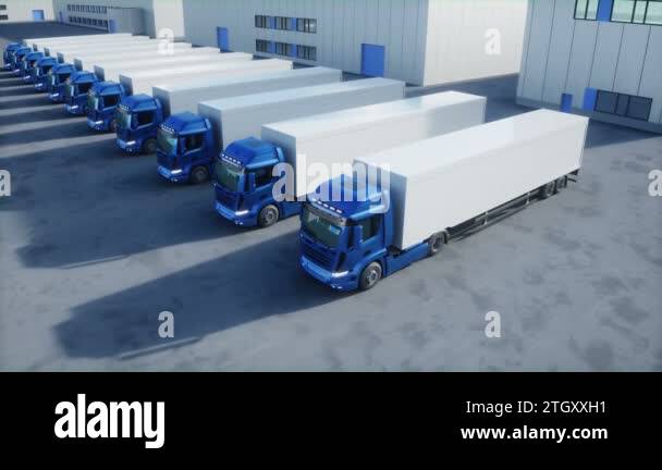 Generic 3d model of cargo trucks on warehouse parking. Logistic center ...