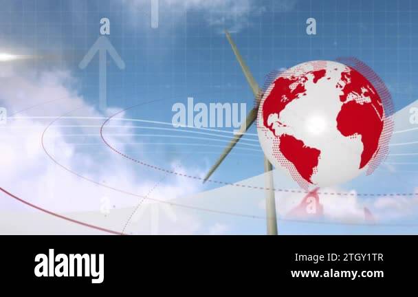 Animation of globe and arrows over wind turbine. global green energy ...