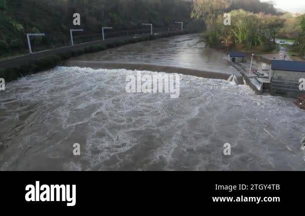 Radyr, Cardiff, Wales January 2023: Flyover view of the weir on the ...
