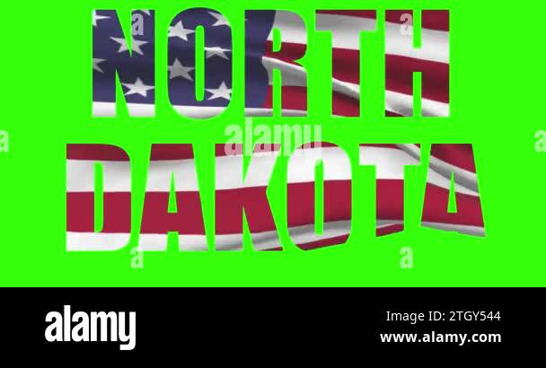 North Dakota state name on green screen animation. USA state flag ...