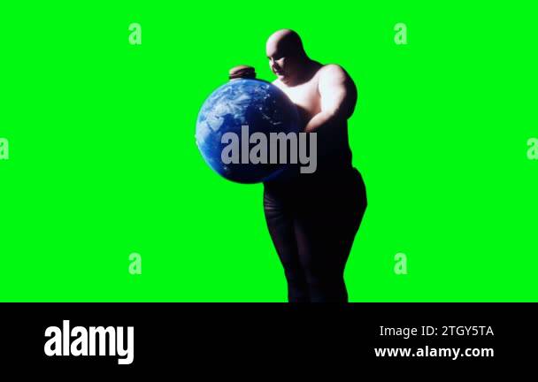 the fat man holds the earth in his hands. Obesity problem concept ...