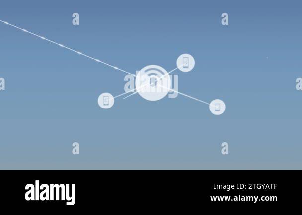 Animation of wifi and phone icons connecting with lines against blue ...