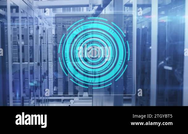 Animation of data processing with scope scanning over server room. Global connections, computing ...