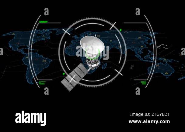 Animation of satellite over world map, scope scanning and data processing on black background ...