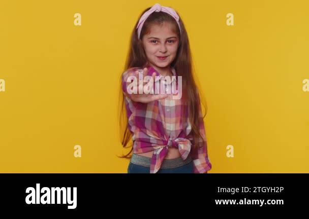 Stop gesture. Angry young preteen child girl kid say No hold palm ...