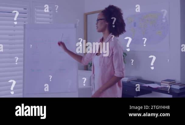 Animation of question marks over african american female teacher ...